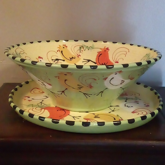Dining | Hand Painted Rooster Big Bowl And Round Platter Set | Poshmark